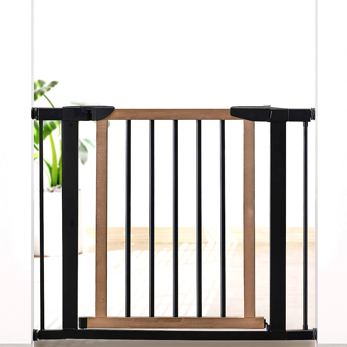 NMN Designs Logan Dog Gate - Indoor Pet Barrier and Wooden Dog Gate with Walk Through Swinging Door - Pressure Mounted for Walls and Stairs - Puppy Gates for The House - Expandable 29.5" to 51.5"