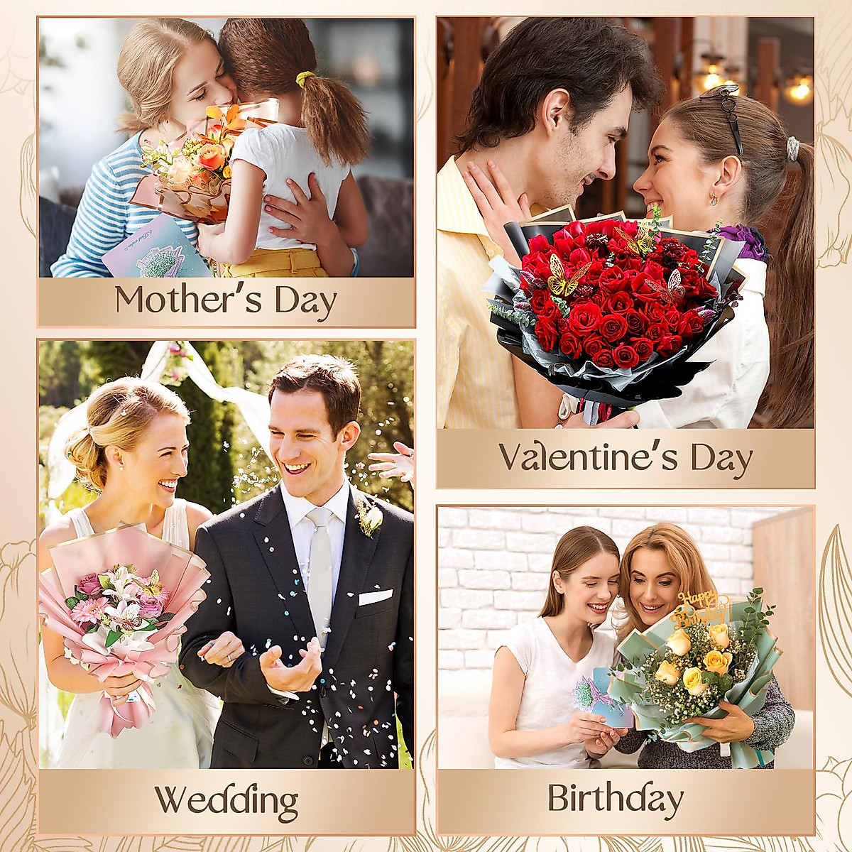 REAXYZNN 235 Pcs Bouquet Wrapping Paper Waterproof Flower Wrapping Paper for DIY Craft, Florist Supplies with Bouquet Pin Butterfly Decoration Ribbons Greeting Cards for Wedding Birthday Present (10 Colors)