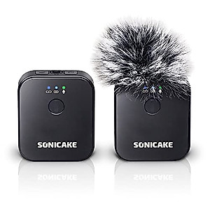 SONICAKE Wireless Lavalier Microphone 2.4GHz 164 ft/50M Range 10 Hrs, Compact Wireless Mic System(1 TX +1 RX) for iPhone/Android/DSLR Camera,Vlog,Podcast,Live Streaming,Video Recording,Interview