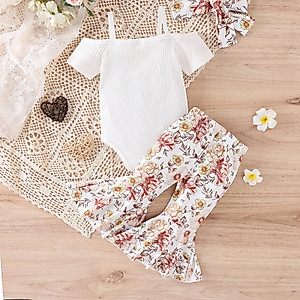 Fernvia Infant Baby Girl Clothes Suspenders Short Sleeve Ribbed Romper Flared Pants Set Headband 3pcs Summer Outfit