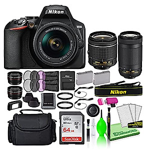 Nikon D3500 24.2MP DSLR Digital Camera with 18-55mm and 70-300mm Lenses (1588) Deluxe Bundle -Includes- Sandisk 64GB SD Card + Large Camera Bag + Filter Kit + Spare Battery + Telephoto Lens