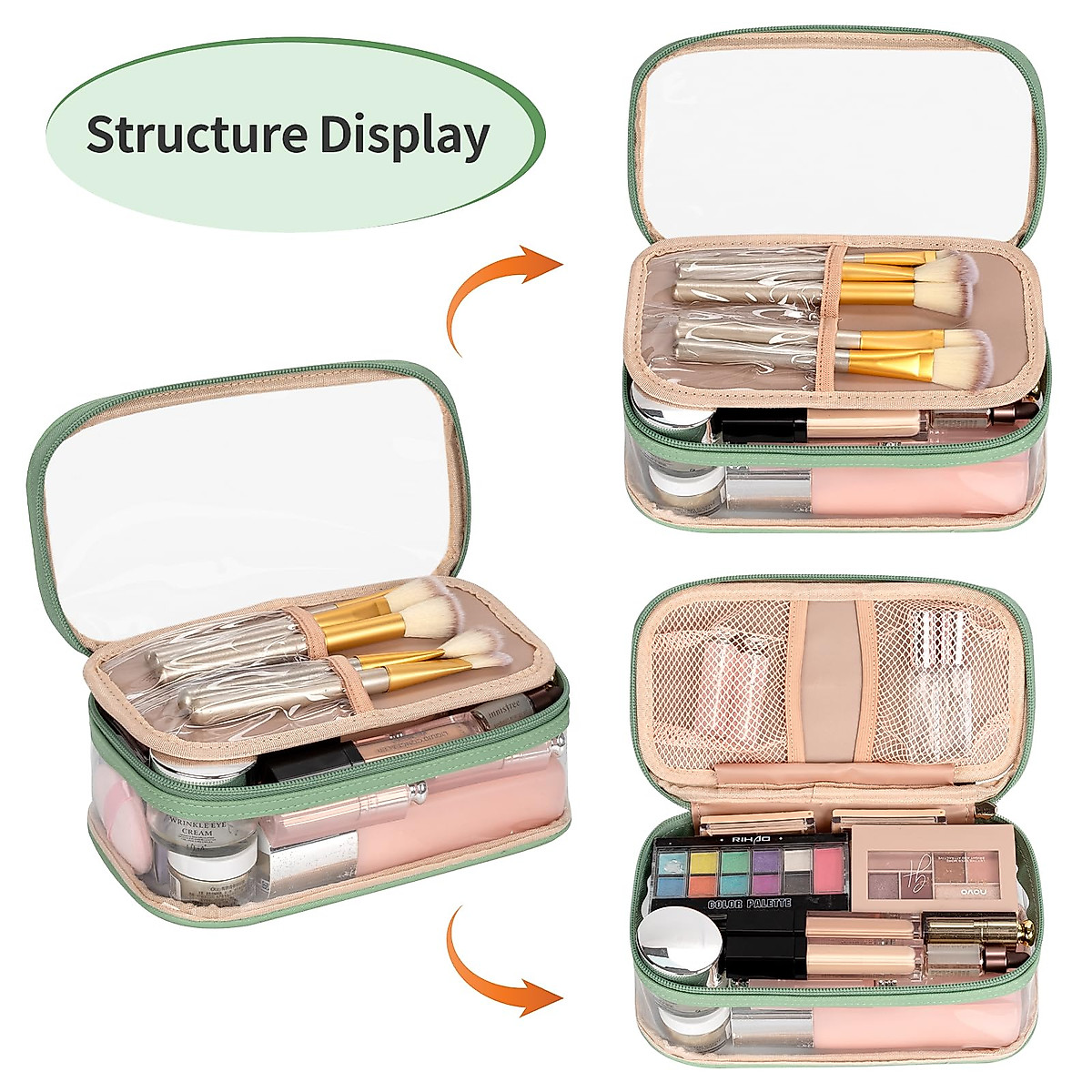 OCHEAL Clear Makeup Bag, Portable Makeup Storage Organizer Cosmetic Bag, Travel Makeup Bag Cute Clear Pouch For Women and Girls Cosmetics Bags with Divider Makeup Brush Compartment-Green