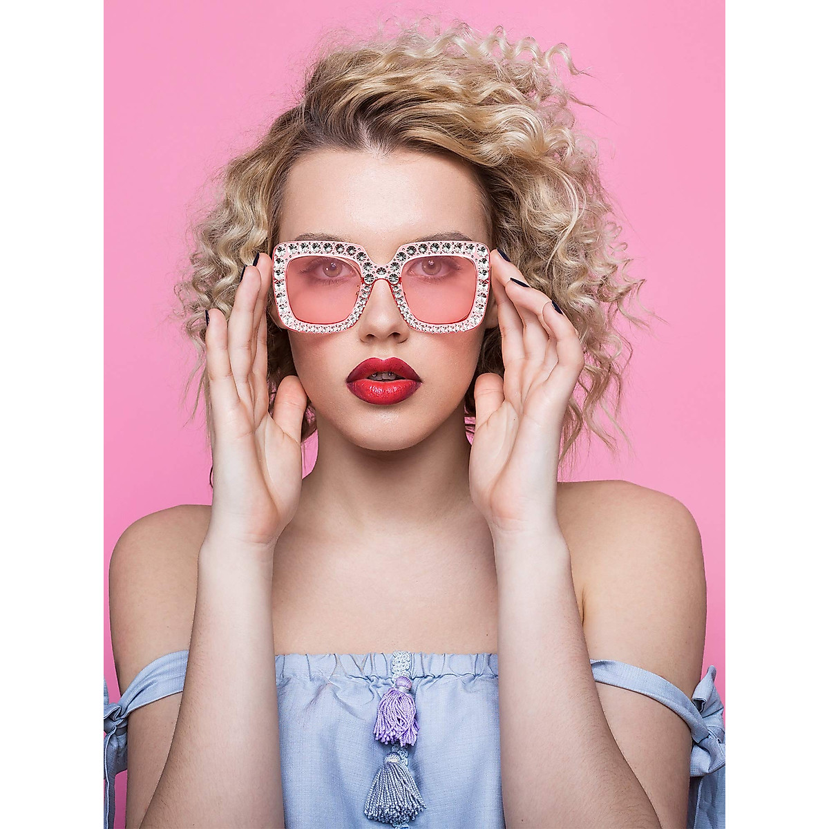 Frienda Oversize Square Glitter Sunglasses Sparkly Sunglasses Retro Thick Frame Sunglasses