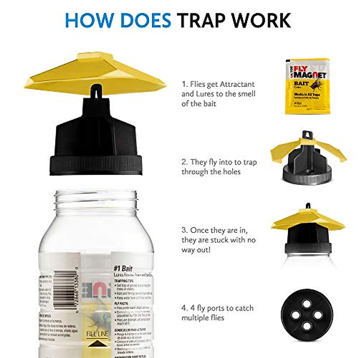 [Set of 3] Reusable Outdoor Fly Traps 32 oz - Fly Magnet Bait Trap - Made in USA - Bundled with 3 Bait Refills and 3 Hanging Chains