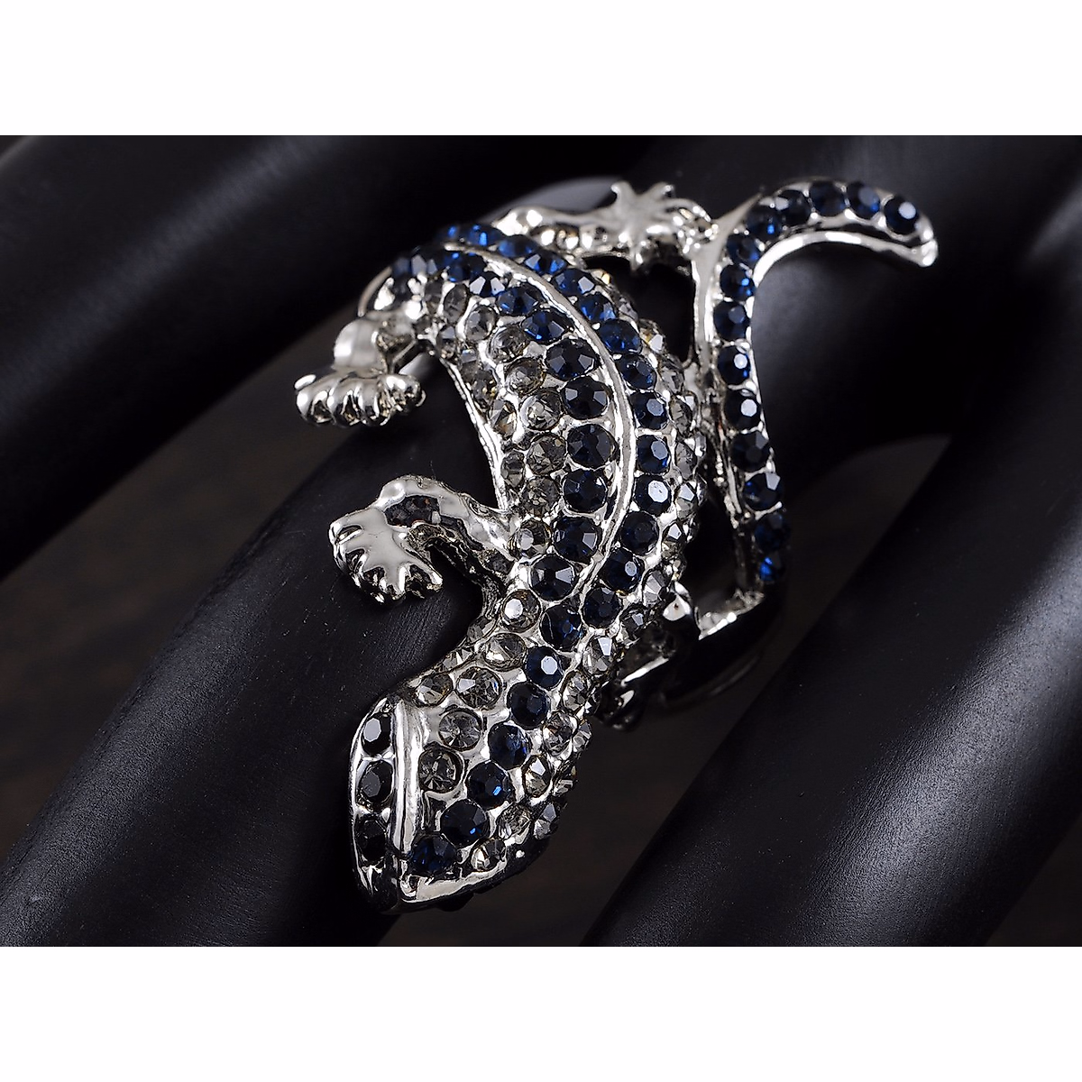 Alilang Adjustable Silvery Tone Dark Blue Rhinestones Lizard Reptile Ring