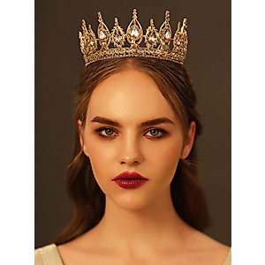 SWEETV Royal Queen Crown, Wedding Tiara for Bride, Rhinestone Tiaras and Crowns for Women, Costume Headpiece for Birthday Cosplay Party Celebration,Gold