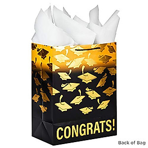 Hallmark 13" Large Graduation Gift Bag with Tissue Paper (Gold and Black, "Congrats!") for High School, College, Kindergarten, 8th Grade and More