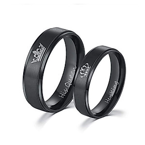 Stainless Steel His Queen Ring Engagement Wedding Bands Anniversary, Black (Her Size 8)