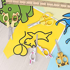Asdirne Scissors For Kids, Blunt Scissors, Small School Student Craft Scissors, Sharp Stainless Steel Blades Safety, Cute Animal Shapes, 5 inch, 4pack