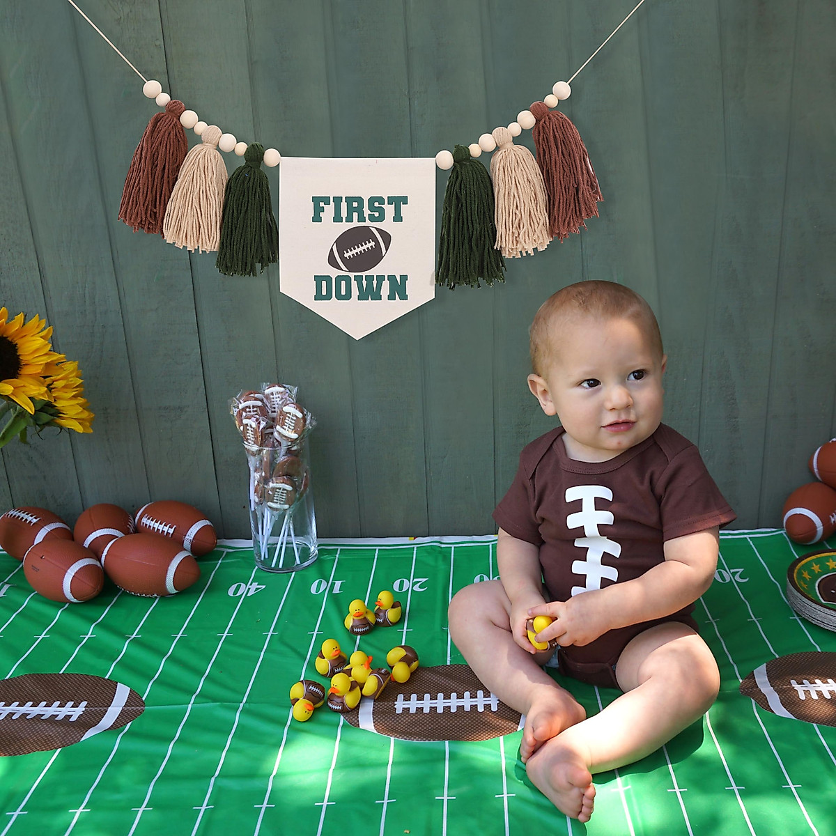 Football High Chair Banner - Football 1st First Birthday Party Decorations,First Year Down Highchair Tassel Banner,Football 1st Birthday High Chair Banner