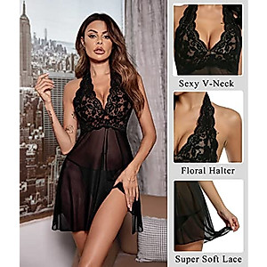 Avidlove Women Halter Lace Babydoll Mesh Sexy Lingerie Set Nightwear, Medium, Black Fba