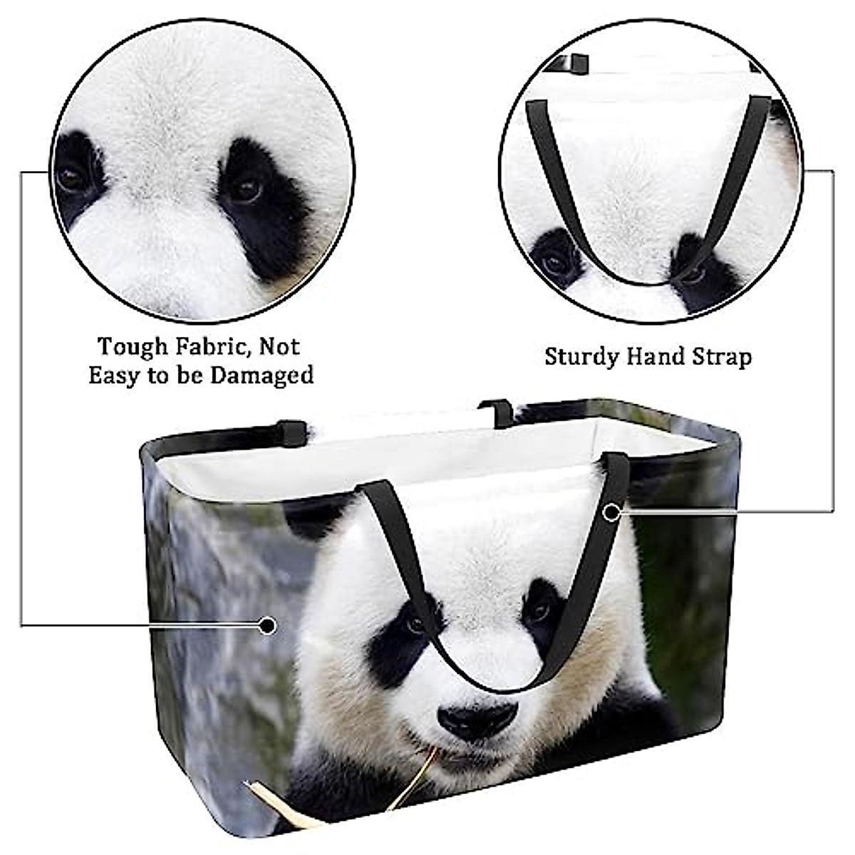 KQNZT Reusable Grocery Bags, Heavy Duty Reusable Shopping Bags, Large Tote Bags with Long Handles and Reinforced Bottom, Animal Panda