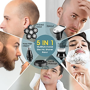 Bald Head Shaver for Men,Electric Razor for Men,5 in 1 Waterproof Wet/Dry Mens Grooming Kit,Electric Head Razor with Nose Trimmer,Brush,Massager