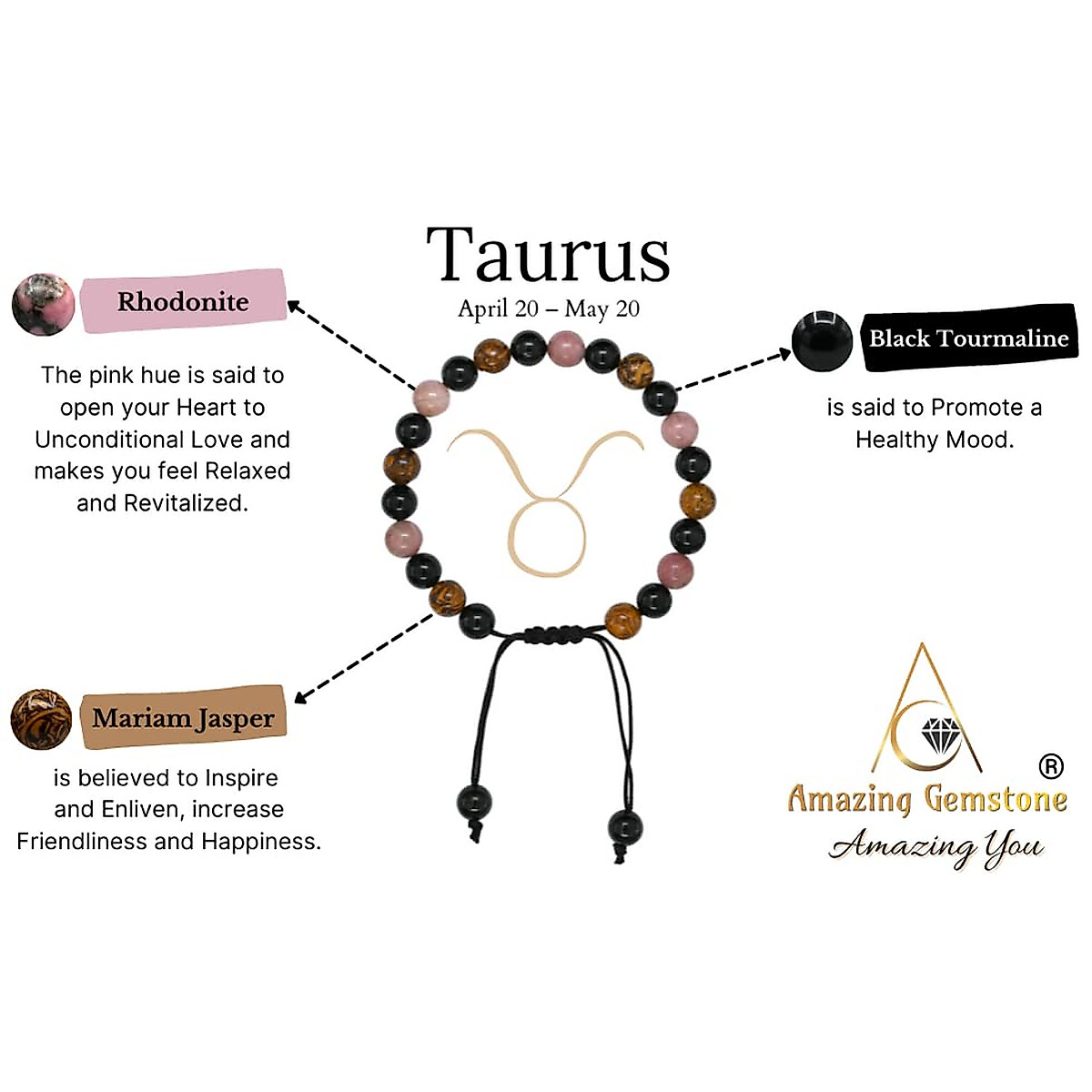 Taurus Zodiac Crystal Bracelet - Rhodonite Mariyam Jasper Black Tourmaline Birthstone Bracelets Women Men Healing Calming Anxiety Stress Relief Gifts (Adjustable)