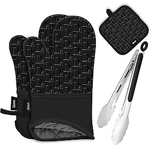 Qimh Oven Mitts and Pot Holders, 4 Pcs Kitchen Oven Mitts Set with Cooking Tongs, High Heat Resistant 500℉ Extra Long Non-Slip Silicone Surface Oven Gloves for Baking, Cooking, BBQ