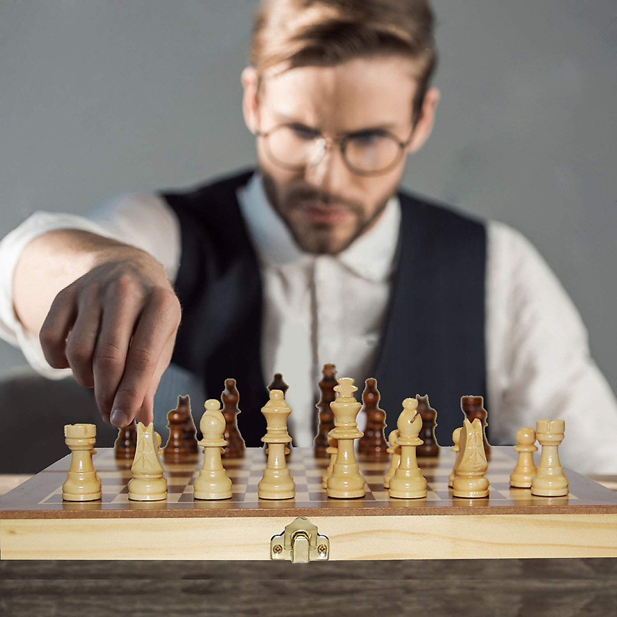 ASNEY Upgraded Magnetic Chess Set, 12” x 12” Folding Wooden Chess Set with Magnetic Crafted Chess Pieces, Chess Game Board Set with Storage Slots, Includes Extra Kings, Queens and Carry Bag