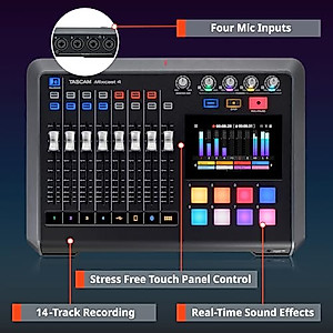 TASCAM Mixcast 4 Podcast Streaming Mixer, Recorder, and USB Audio Interface — Four XLR/TRS Mic Inputs, Touch Screen and Editing Software Included