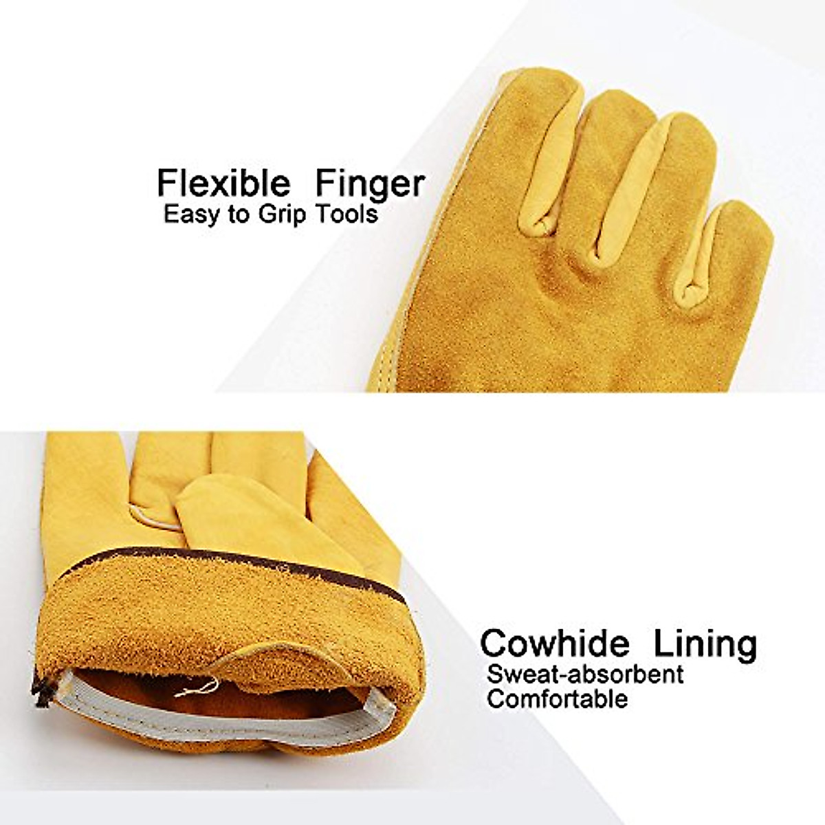 OZERO Leather Work Gloves Flex Grip Tough Cowhide Gardening Glove for Wood Cutting/Construction/Truck Driving/Garden/Yard Working for Men and Women 1 Pair (Gold,X-Large)