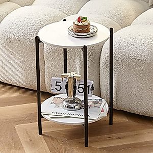 Wiyoskeey Small Round Tables for Small Spaces, Faux Marble Side Table Round, White Marble Small Coffee Table, 2-Tier End Table with Open Storage Shelf for Living Room, Nightstand for Bedroom