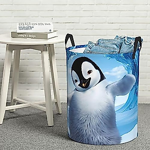 Cute Penguins Baby Taking Pictures Laundry Basket Protable Circular Laundry Hamper Storage Bin Organizer With Handles For Bathroom,Bedroom Clothes