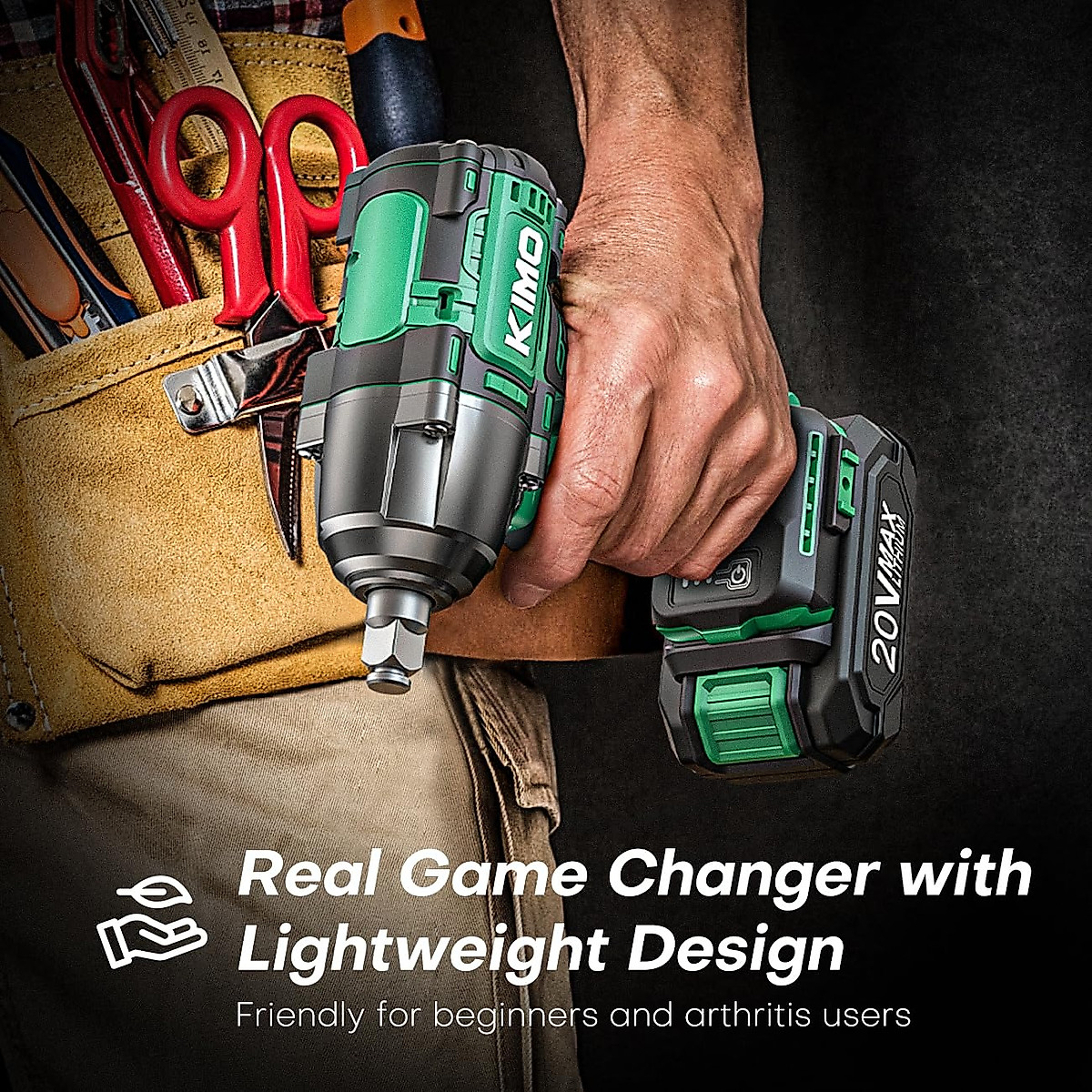 KIMO Cordless Impact Wrench 1/2", Brushless Impact Driver with 400 ft-lb Max Torque, 3000 RPM, 20V Electric Impact Wrench with 1 Hour Fast Charger & Variable Speeds, 1/2 Impact Gun for Car Home