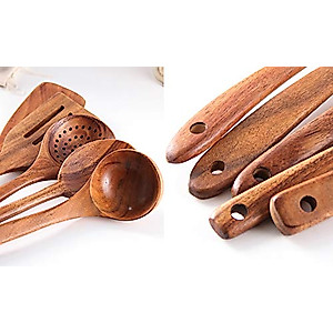 Wooden Spoons for Cooking, Tmkit Cooking Utensils Set of 6 Natural Teak Wooden Cooking Spatulas with Utensils Holder Comfort Grip Wooden Kitchen Utensils for Nonstick Cookware