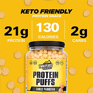 Twin Peaks Low Carb, Keto Friendly Protein Puffs, 1 Jug Garlic Parmesan Flavor Puffs + 1 Jug Nacho Cheese Flavor Puffs