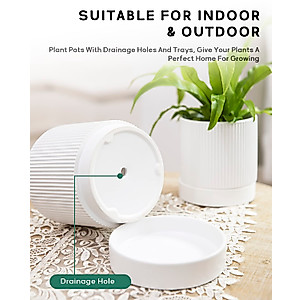 LaDoVita 3 Pack Ceramic Plant Pots 6/5/4 inch, Flowerpot for Indoor Plants with Drainage Holes and Tray, Outdoor Garden Planters, Modern Decorative for Home, White Vertical Stripes