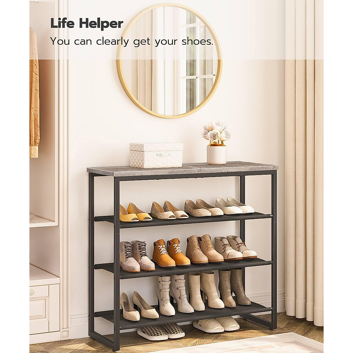HOOBRO Shoe Rack, 4 Tier Shoe Storage Organizer with 3 Oxford Fabric Shelves and Top Panel, Holds 12-16 Pairs of Shoes for Entryway and Closet, Industrial, Greige BG47XJ01G1