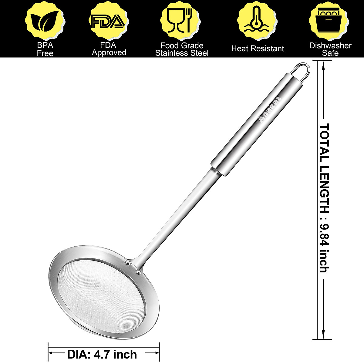 Anaeat 4.7" Stainless Steel Fat Skimmer Spoon - Professional Kitchen Fine Mesh Food Strainer and Hot Pot Skimmer with Long Handle for Skimming, Cooking, Frying, Grease, Gravy and Foam