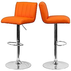 Contemporary Bar Stool Vertical Line Design Hydraulic Adjustable Height 360-Degree Swivel Seat Sturdy Steel Frame Chrome Base Dining Chair Bar Pub Stool Home Office Furniture - Set of 2 Orange #1983