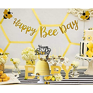 Happy Bee Day Banner and Gold Glitter Happy Bee Day Cake Topper for Bumble Bee Themed Birthday Party Supplies by Topfun