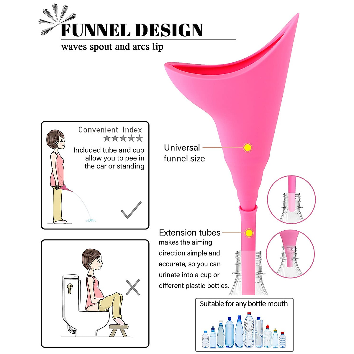 ABXLNIU Female Urination Device with Pee Cup, Travel Essentials Female Urinal for Women, Reusable Womens Pee Funnel Camping/Hiking Gear Gifts for Women, Pink