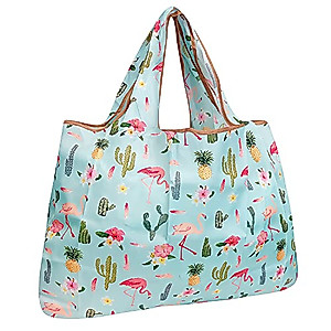Bowbear Foldable Nylon Reusable Shopping Grocery Bag, Flamingos & Succulents