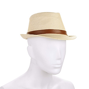 FALETO Straw Fedora Hat Classic Panama Trilby Hats Short Brim Sun Hat for Men Women Beige