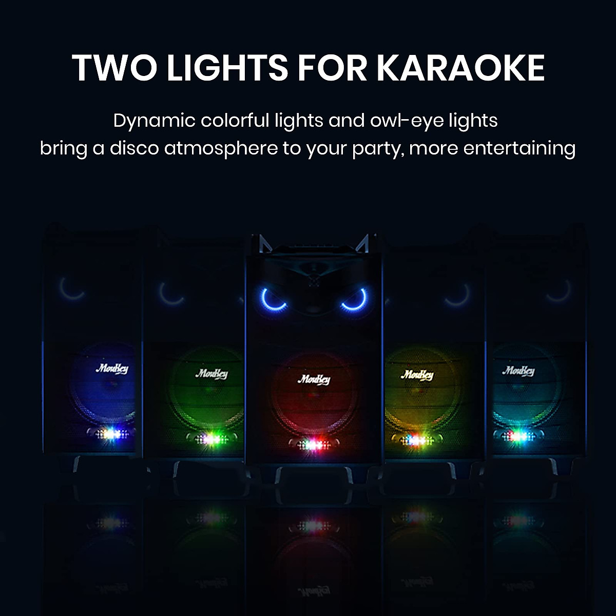Moukey Karaoke Machine, PA System Woofer, Portable Bluetooth Speaker w/ 2 Wireless Microphones, Lyrics Display Holder, Party Lights & Echo/Treble/Bass Adjustment, Support TWS/REC/AUX/MP3/USB/TF/FM