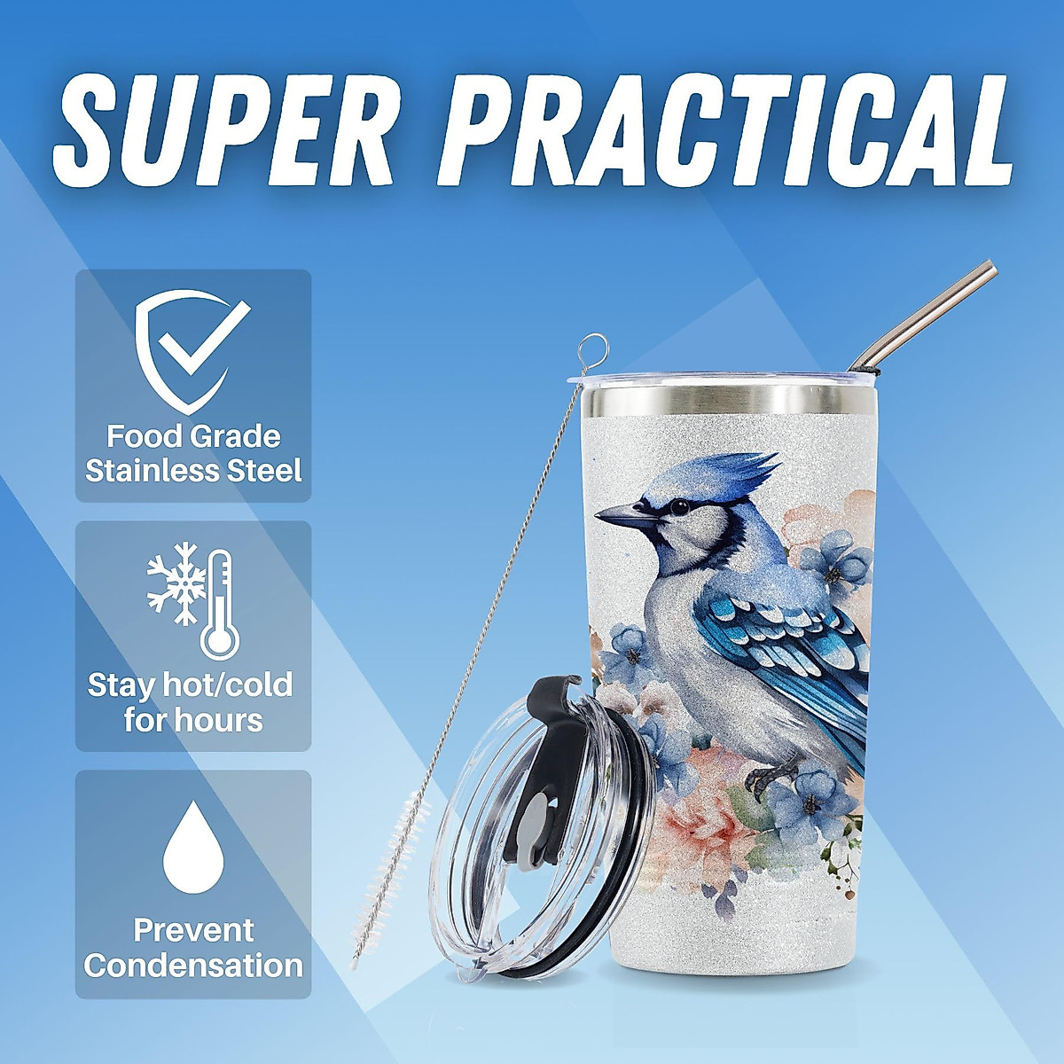 Onebttl Blue Jay Gifts Tumbler Travel Coffee Mug, Stainless Steel Insulated with Lid 20oz/590ml