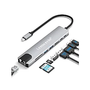 USB C Hub Ethernet, Lemorele 8 in 1 USB C Hub Multiport Adapter with 4K@30Hz HDMI, 85W PD, USB 3.0 Ports, USB C Data Port, SD/TF Card Reader, USB C Dongle for MacBook Pro/Air and Other Type C Devices