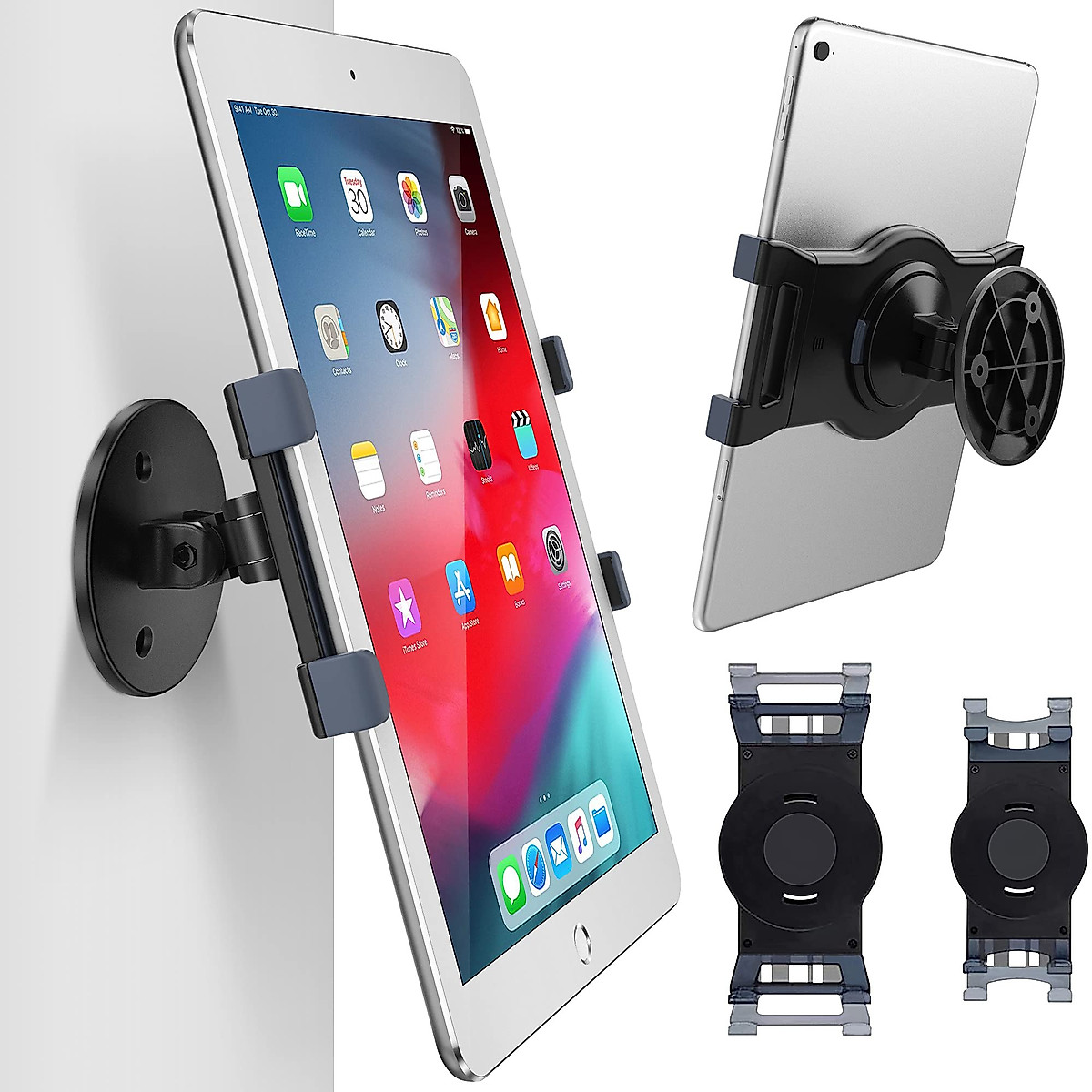 AboveTEK iPad Wall Mount, Swivel 360° Rotating Tablet Holder Two Brackets to Fit 6-13" Tablets, Horizontal/Vertical Tilt iPad Arm for Flexible Viewing Angles in Kitchen Showroom Retail Store (Black)