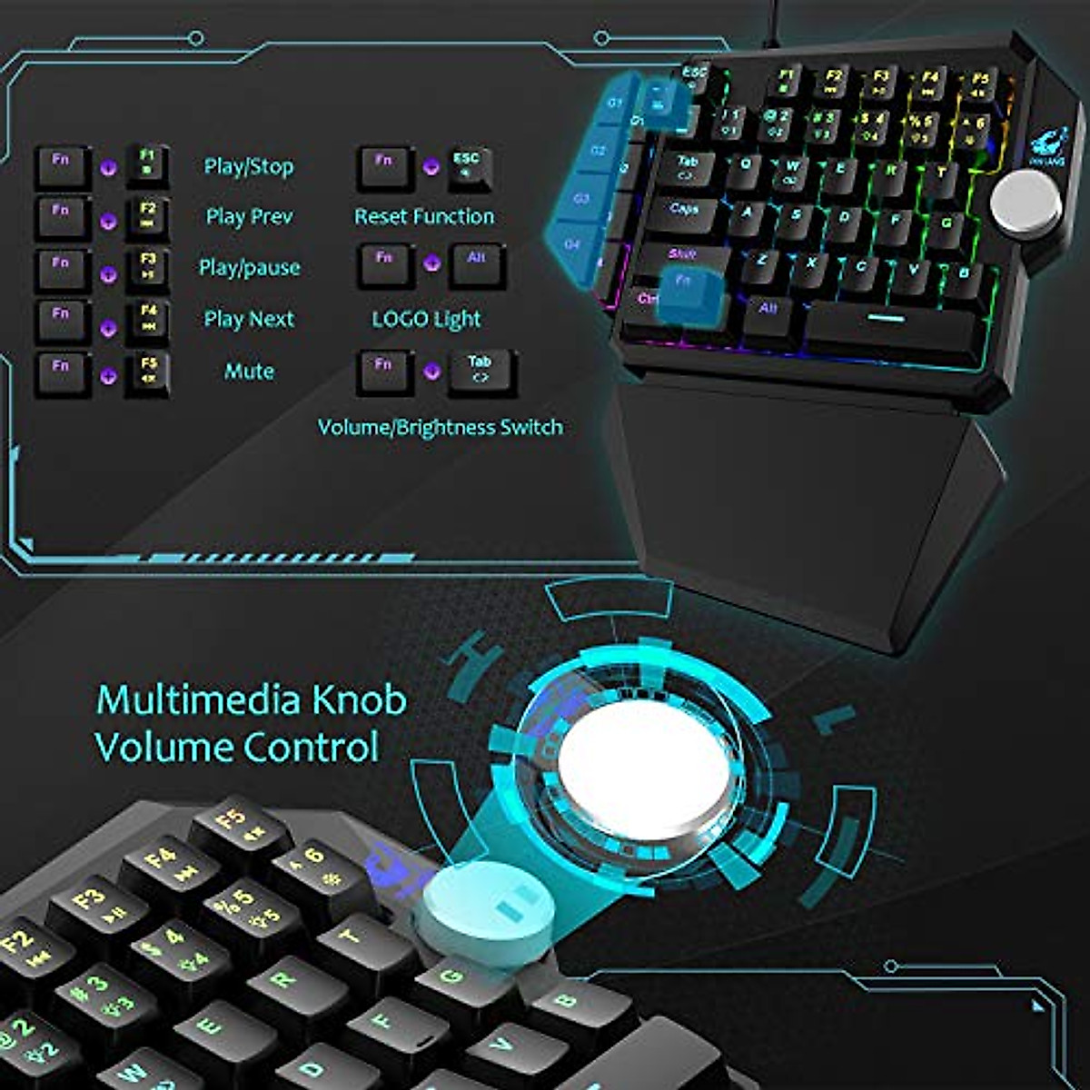 UrChoiceLtd One-Handed RGB Mechanical Gaming Keyboard,Upgrade Multimedia Knob USB Wired Professional Gaming Keypad with Macro Function, Detachable Wrist Rest For PC/Xbox/PS4 (Black/Blue Switch)