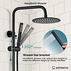 gotonovo Matte Black Outdoor Shower Fixture SUS304 System Combo Set Rainfall Single Handle High Pressure Hand Spray Wall Mount 2 Dual Function Stainless Steel