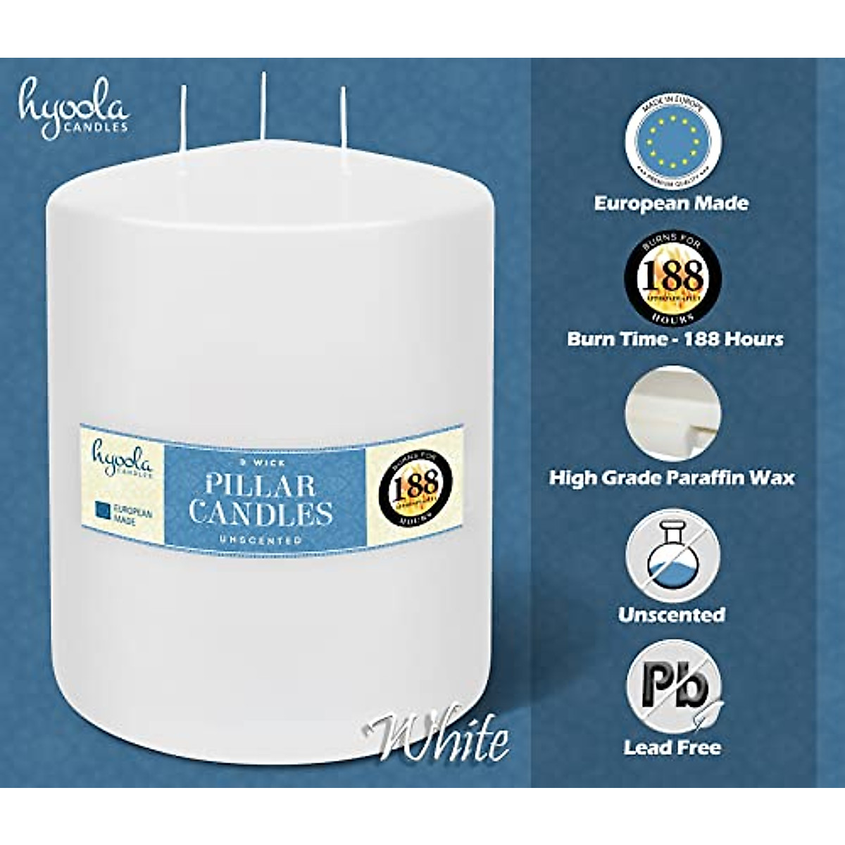 HYOOLA White Three Wick Large Candle - 6 x 8 Inch - Unscented Big Pillar Candles - 188 Hour - European Made