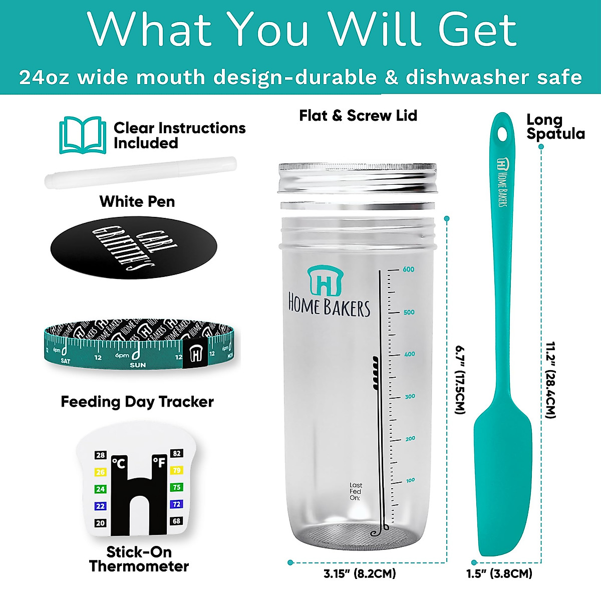 Ameeze Premium Sourdough Starter Jar Kit - 24oz Wide Mouth Glass Jar with Feeding Tracker, Thermometer, Silicone Scraper, and Airtight Lid - Complete Kit for Easy Artisan Bread Baking