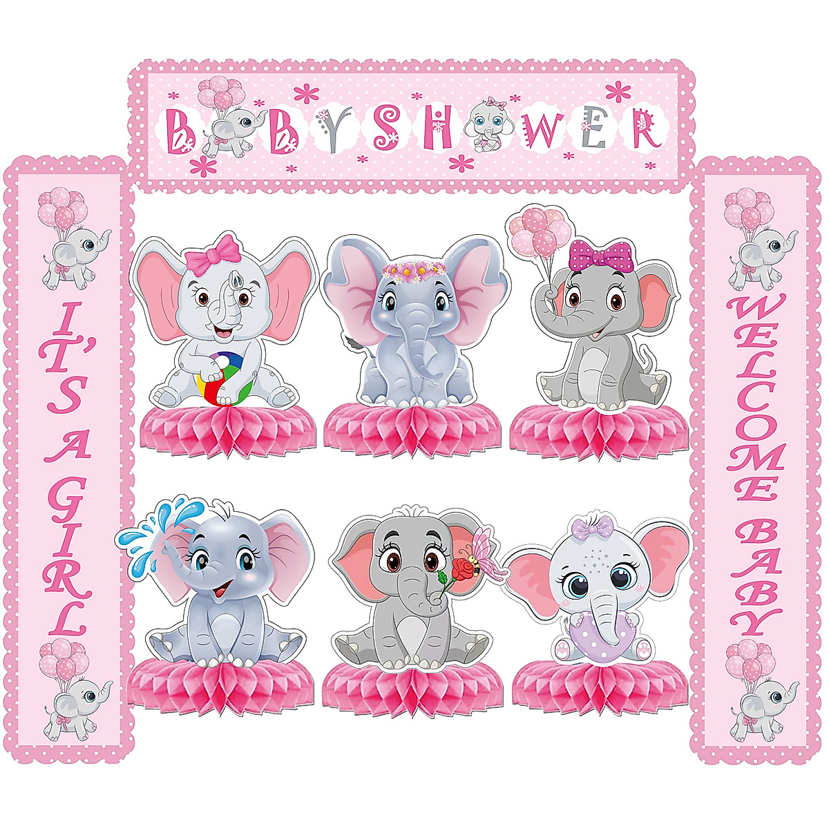 Welliboom Pink Elephant Honeycomb Centerpieces It's A Girl Table Decorations Door Hanging Porch Sign,Little Peanut Cutouts for Elephant Theme Baby Shower,Baby Girl Welcome baby Party Supplies