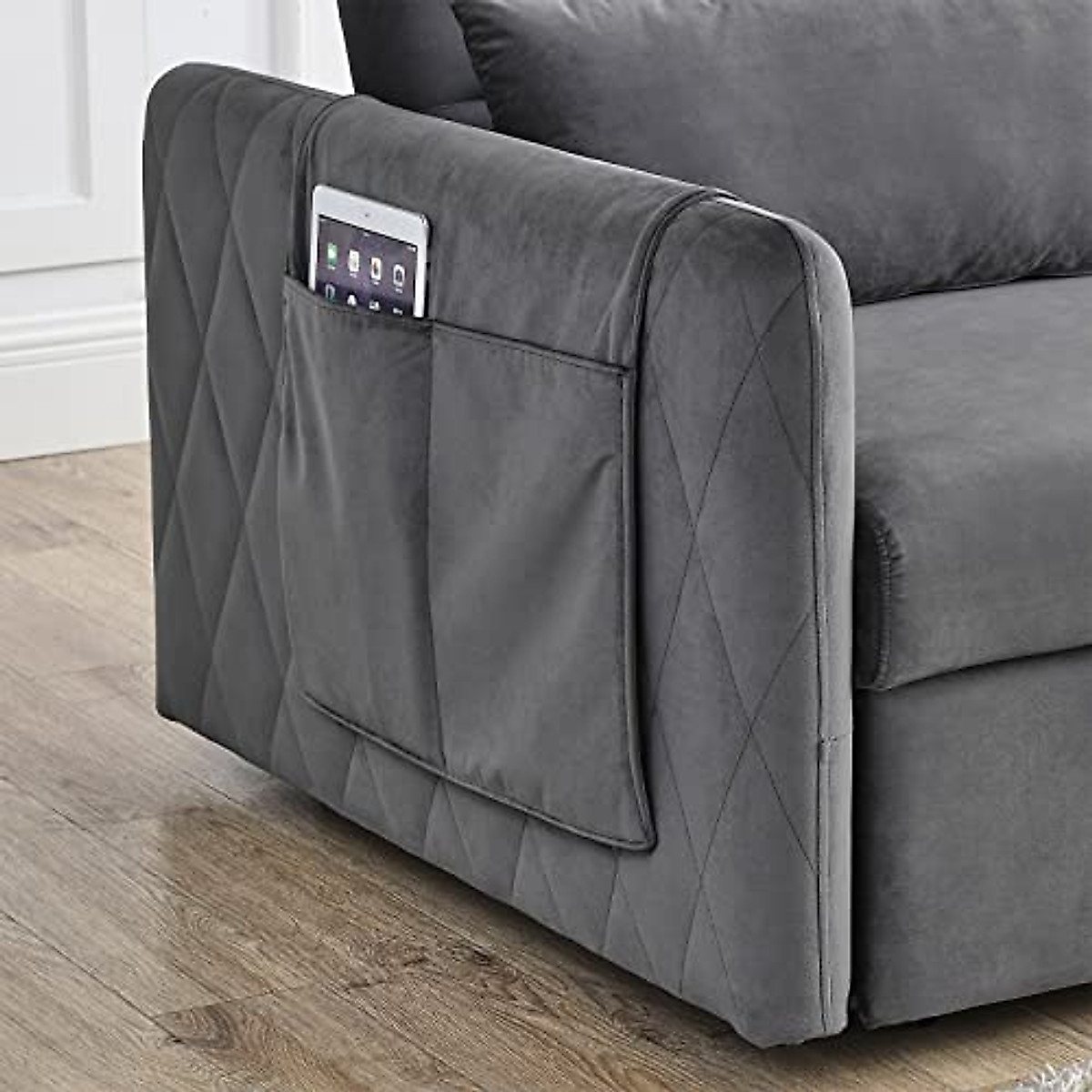 LUCKHAO Convertible Sofa Bed,Pull Out Sleeper Bed Modern Velvet Loveseat Sofa Couch with Adjsutable Back and Arm Pockets,55" Sleeper Sofa with 2 Lumbar Pillows for Living Room,Small Spaces(Grey)