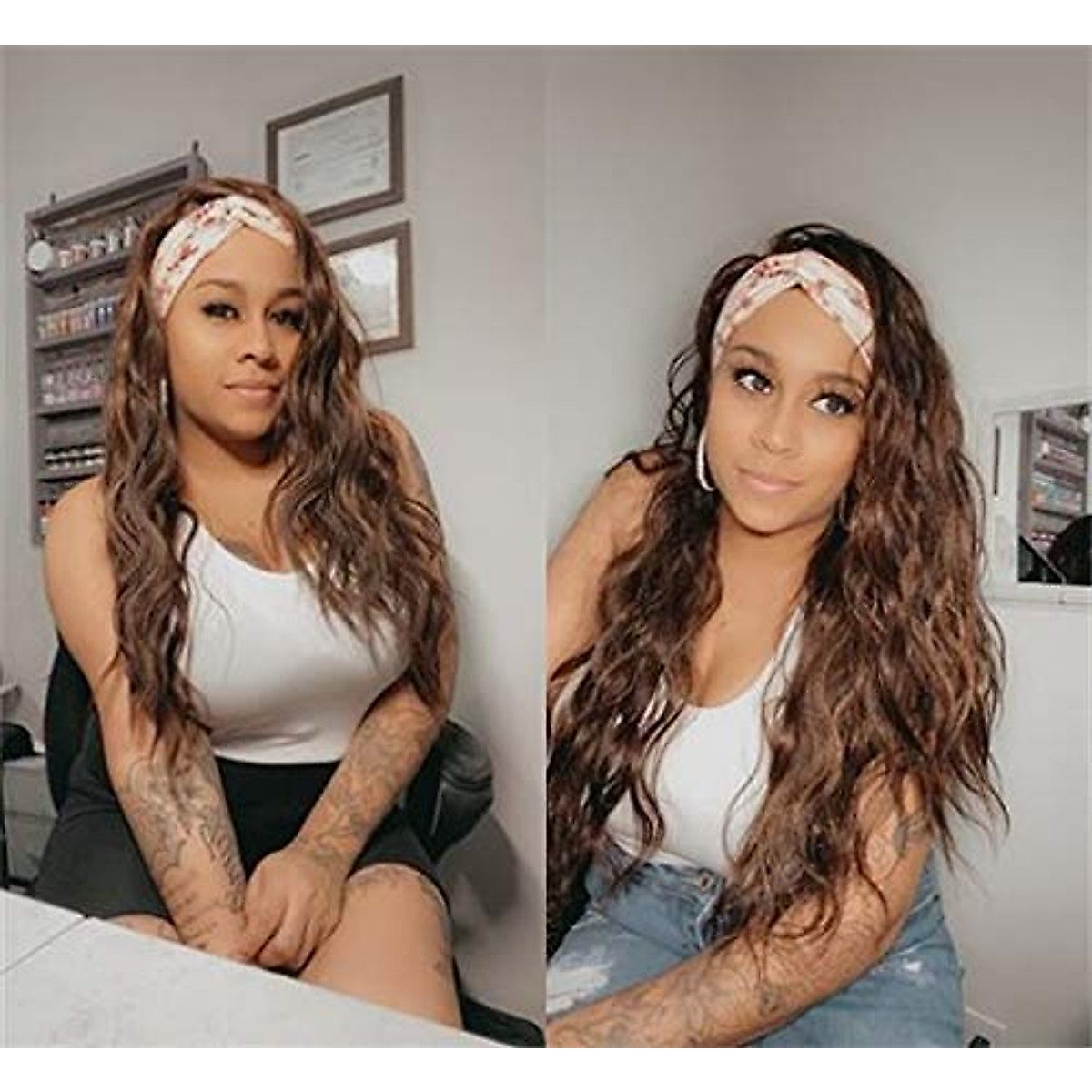 SAPPHIREWIGS Headband Wig Loose Body Wavy Glueless Synthetic Hair Wigs for Black Women Wave None Lace Front Wigs Mix Brown Color Headband Wigs 150% Density 26inches