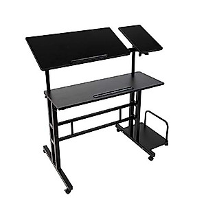 Mind Reader Woodland Collection, Mobile Sit/Stand Laptop Desk with Side Storag Adjustable, Tiltable, Lockable Casters, Portable, X-Large, Black