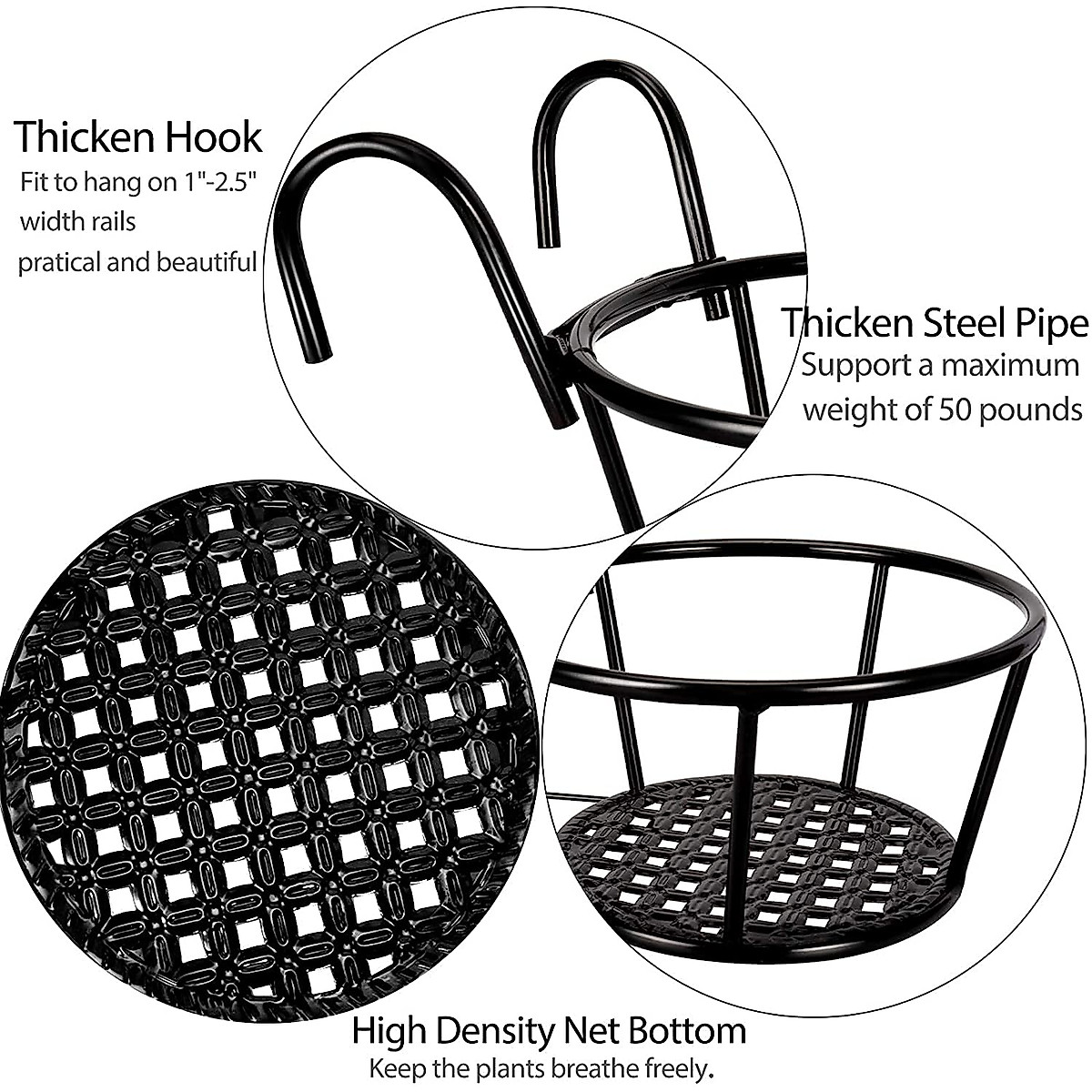 Hanging Flower Pot Holder, Iron Art Hanging Railing Planters Hanging Baskets Flower Pot Holder Over The Rail Metal Fence Planters Assemble Plant Racks for Patio Balcony Porch Fence (2 Pack)