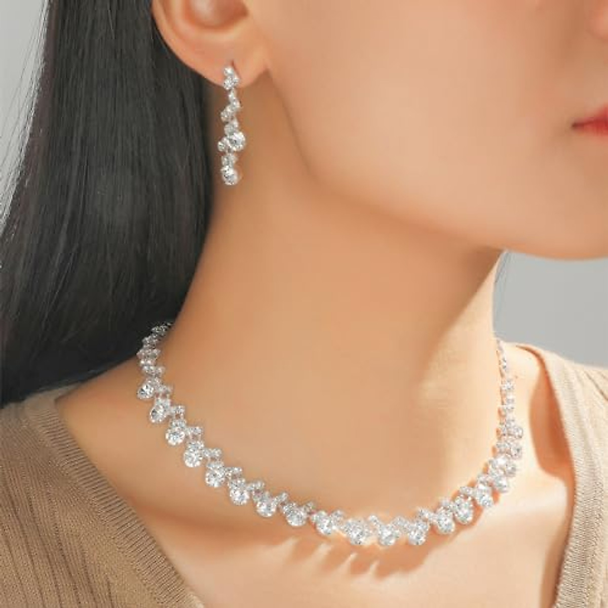 Supra Diamanto Silver Bridal Necklace Earrings Set Bridel Wedding Jewelry Set Rhinestone Choker Necklace for Women (2 piece set) (DTN14026395SZ)