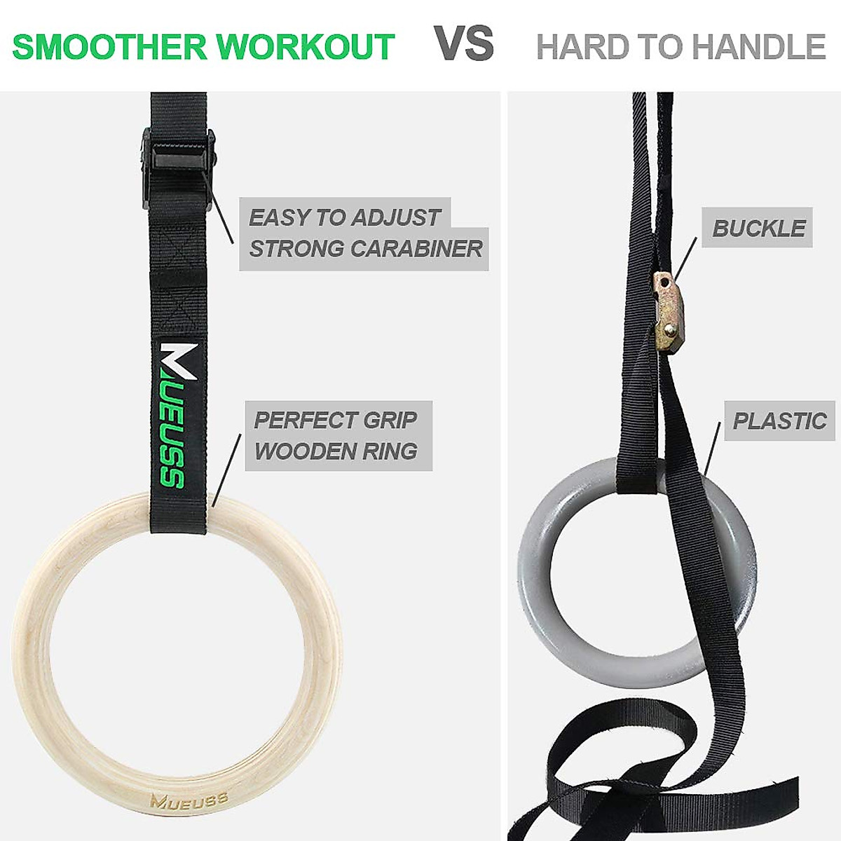 MUEUSS Gymnastic Rings Wooden Gym Rings with Adjustable Straps, Fitness Rings, Exercise Rings, Heavy Duty Gym Equipment for Training Workout, Strength Training, Gymnastics Olympic Thickness 1.1" 28mm